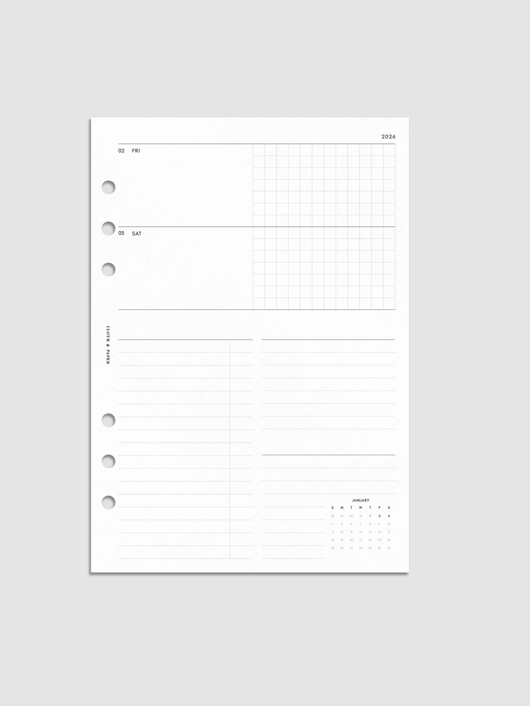 2026 Horizontal Weekly Planner Insert | Sunday Start | Cloth & Paper