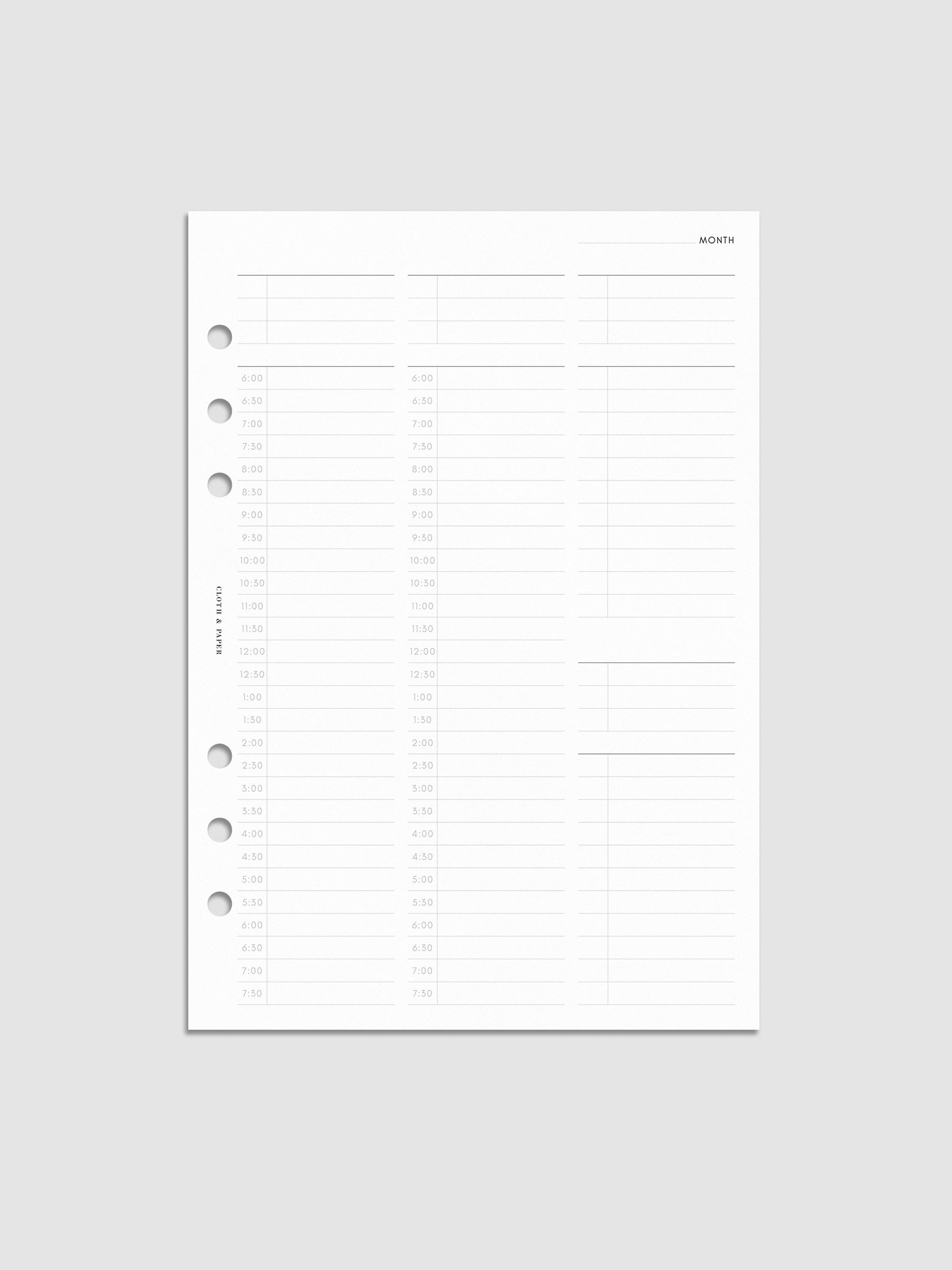 30 Minute Time Block Planner Inserts | Disc or Ring | Cloth & Paper