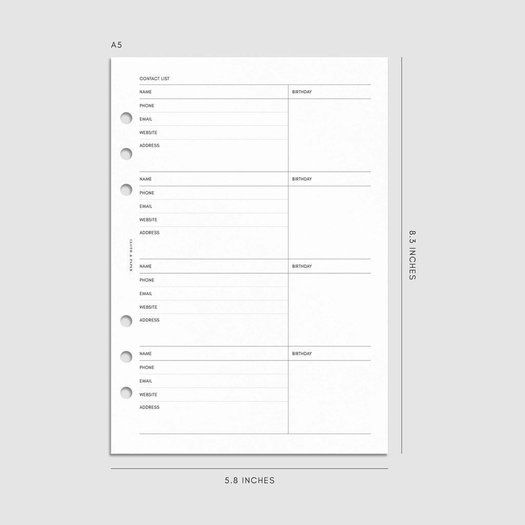 Filofax Compatible A5 Contacts Address Book Refill - 6-Ring Planner ...