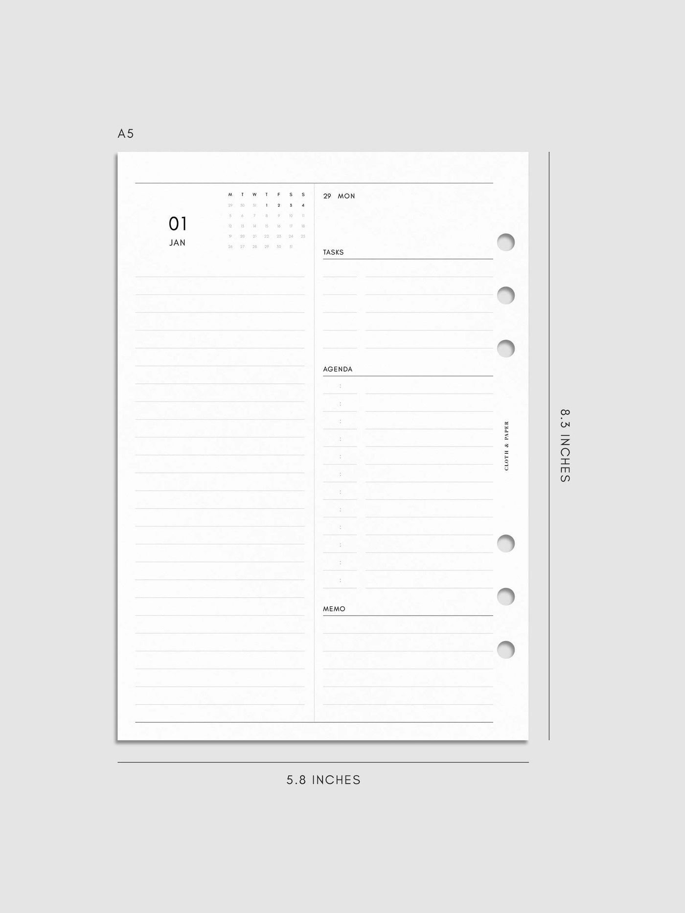 2026 Dated Daily Planner Insert | Monday Start | Cloth & Paper