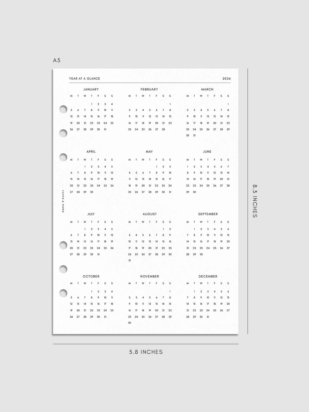 2026 Horizontal Weekly Planner Insert | Monday Start | Cloth & Paper