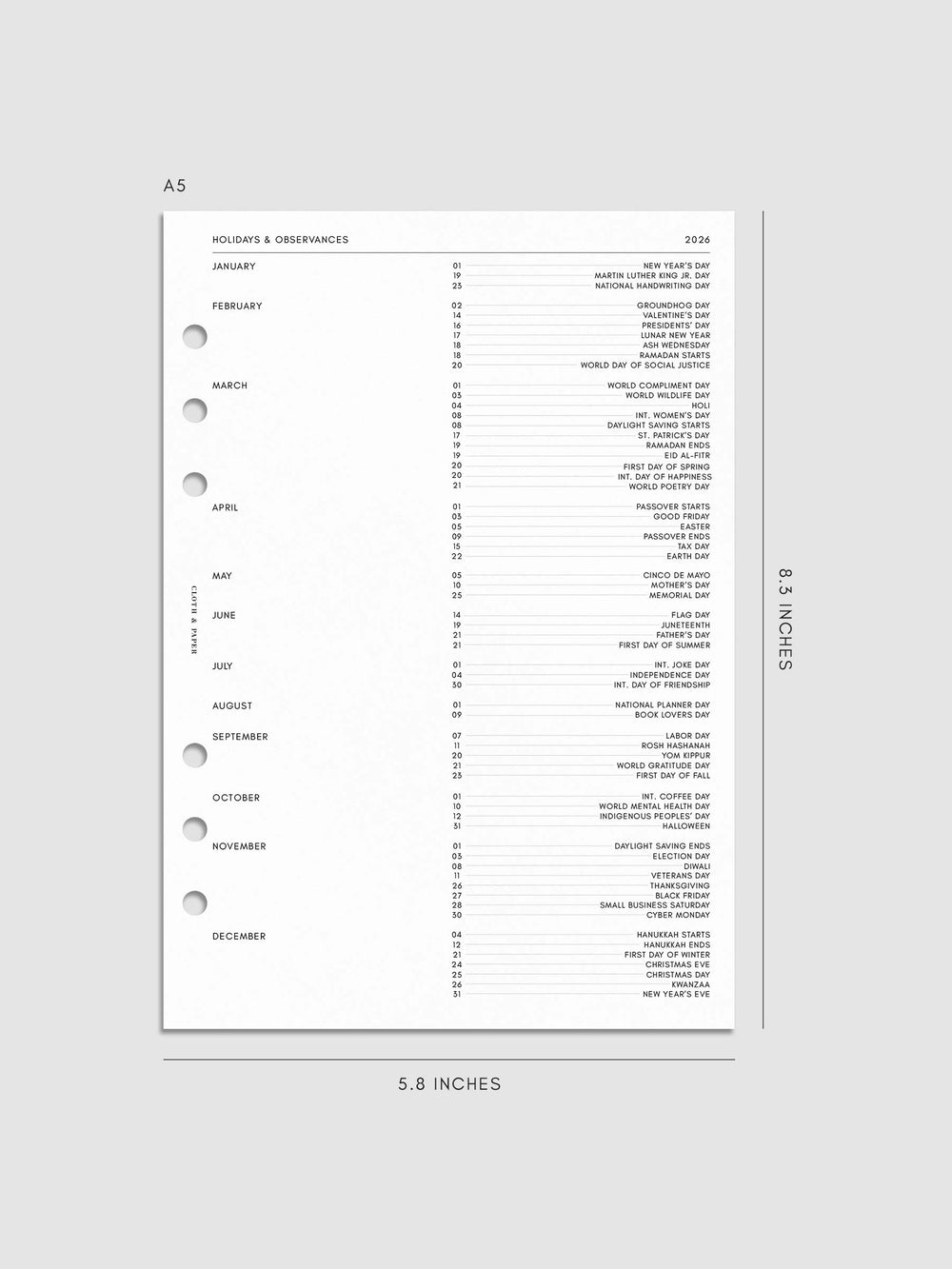 2026 Dated Monthly Planner Insert | Sunday Start | Cloth & Paper