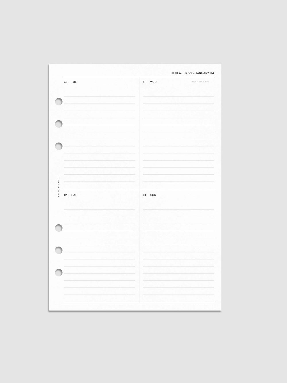 2026 Dated Vertical Weekly Planner Inserts | Monday Start | Cloth & Paper