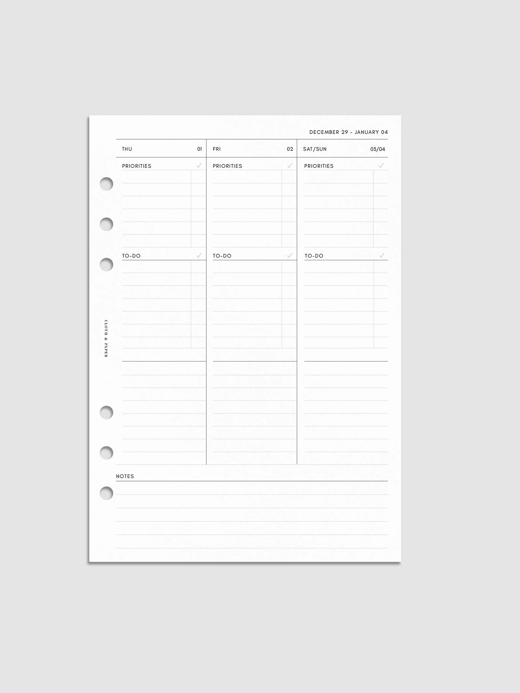 2026 Dated Weekly Task Planner Insert | Monday Start | Cloth & Paper