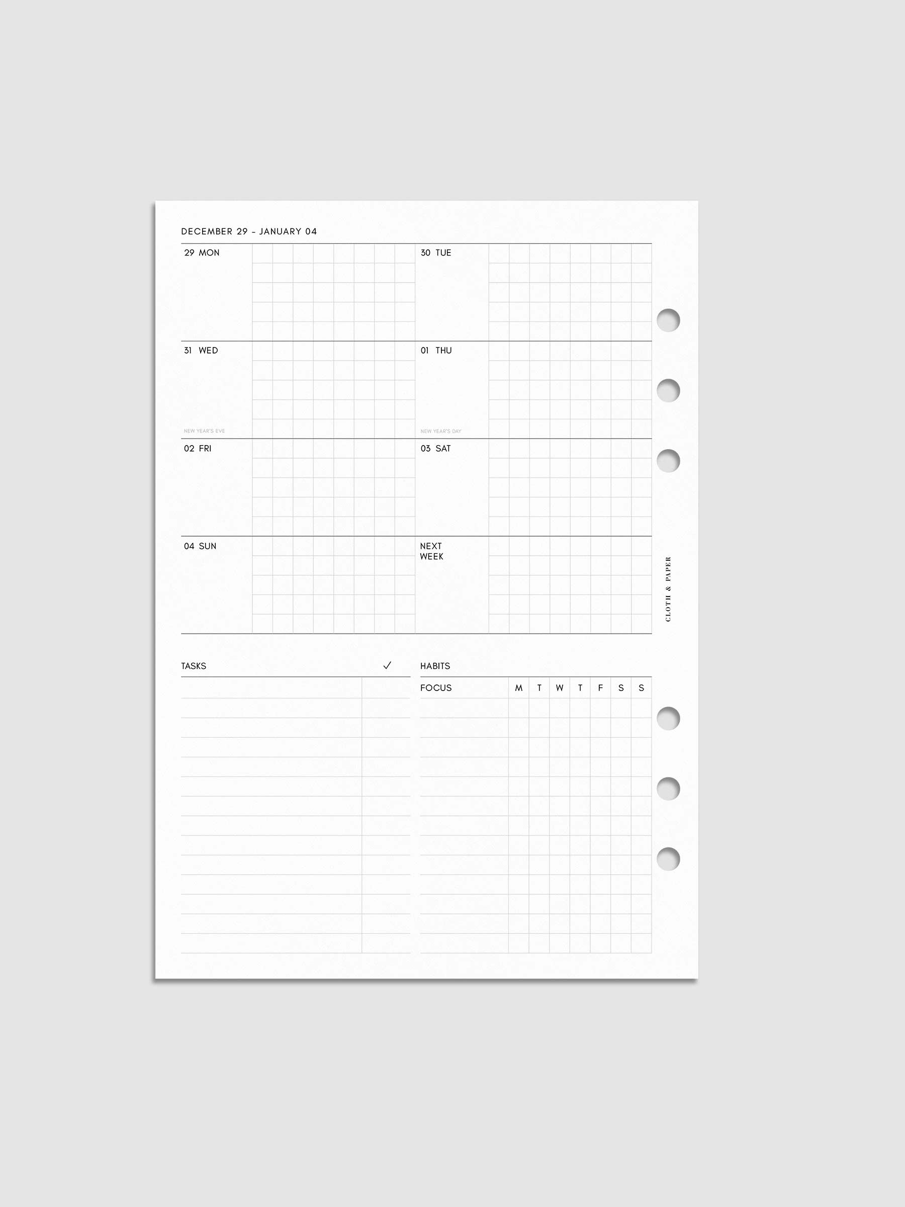 2026 Dated Weekly Admin Planner Insert | Monday Start | Cloth & Paper