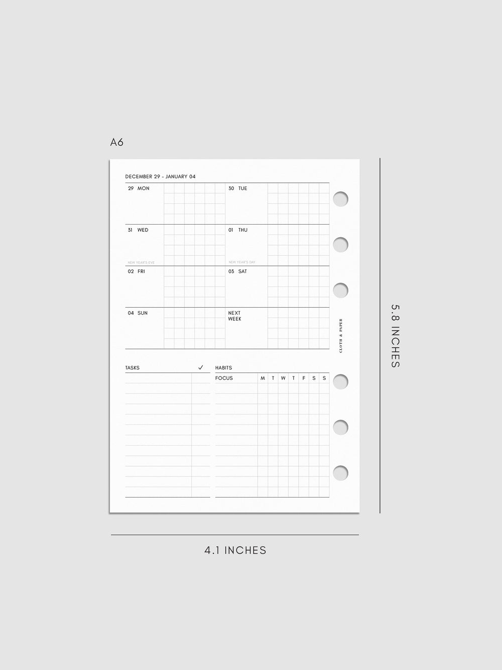 2026 Dated Weekly Admin Planner Insert | Monday Start | Cloth & Paper