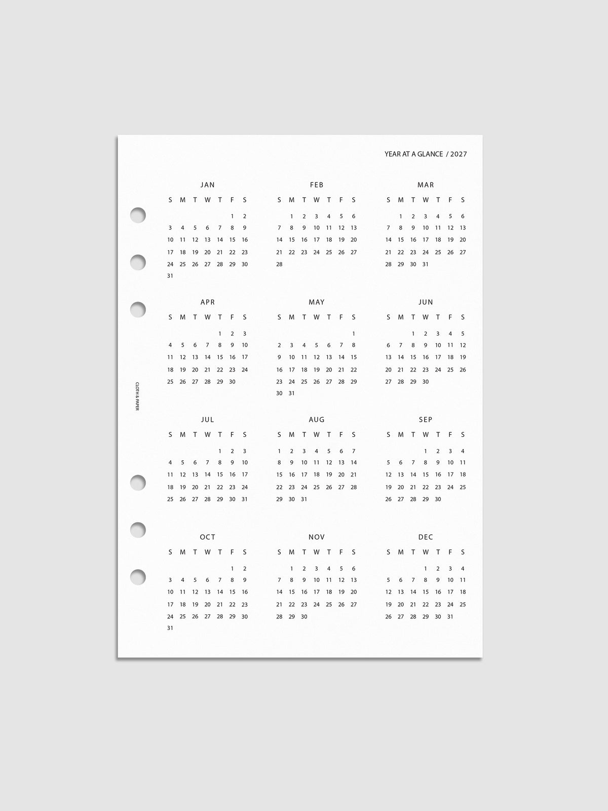 2027 Year at a Glance Vellum Planner Dashboard | Cloth & Paper