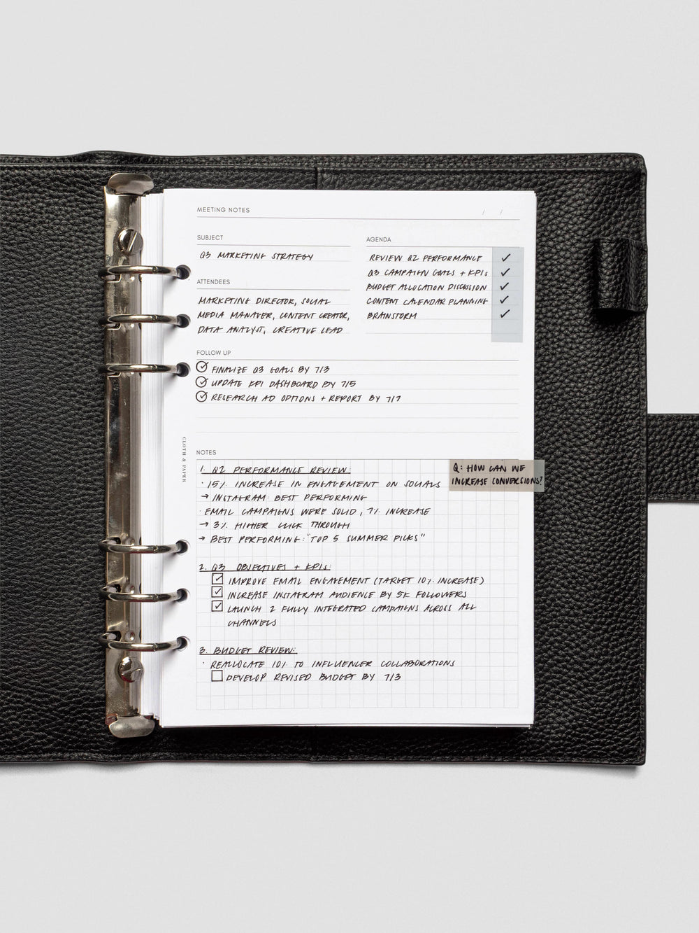 Extended Meeting Notes Planner Inserts | Cloth & Paper
