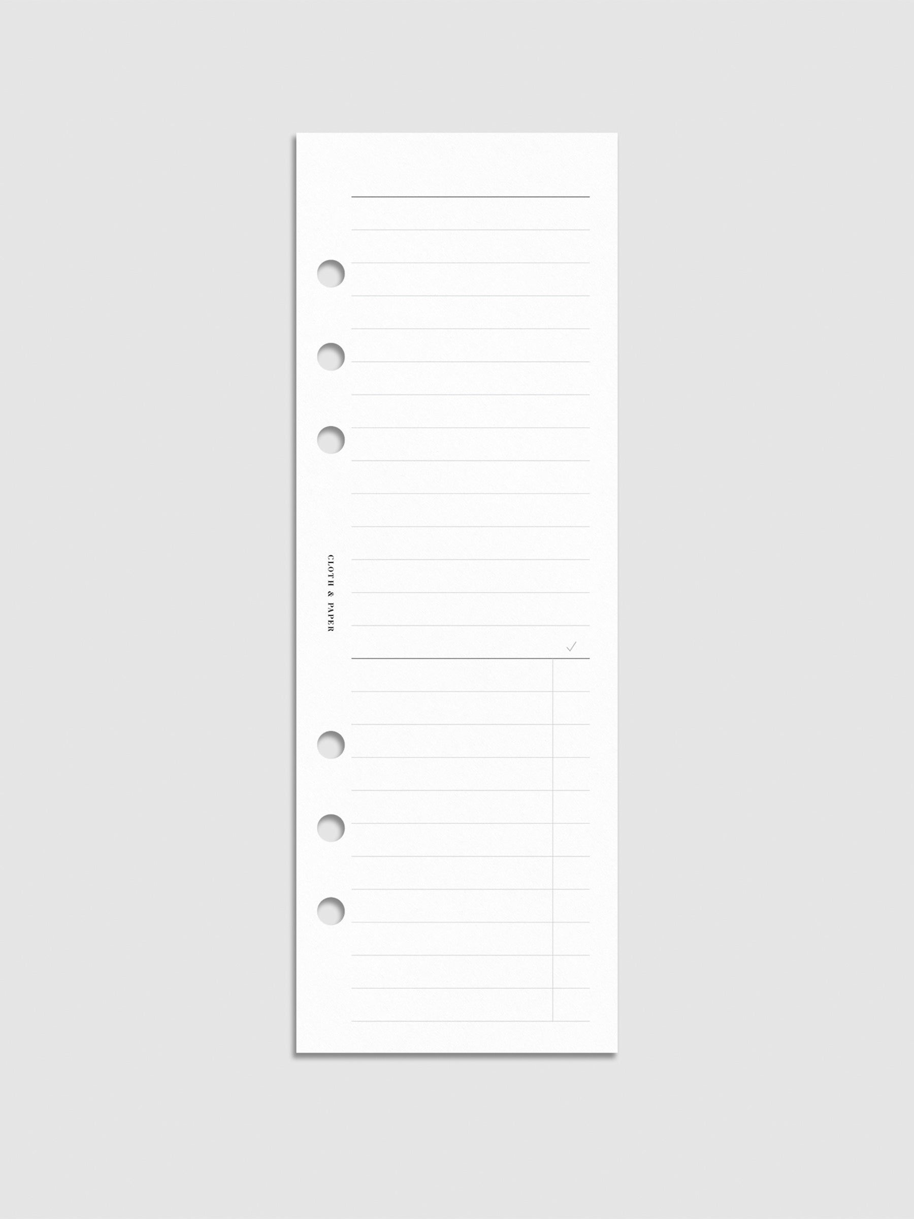 Half Page Notes Planner Inserts | Cloth & Paper