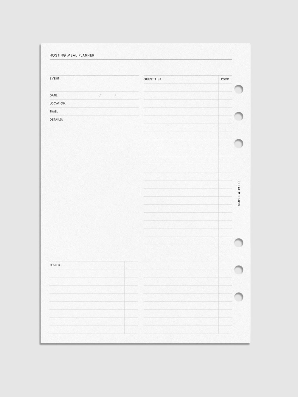Hosting Meal Planner Inserts | Cloth & Paper