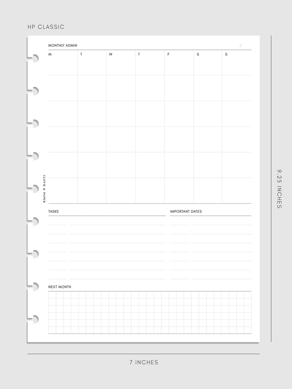 Monthly Admin Planner Inserts | Monday Start | Cloth & Paper