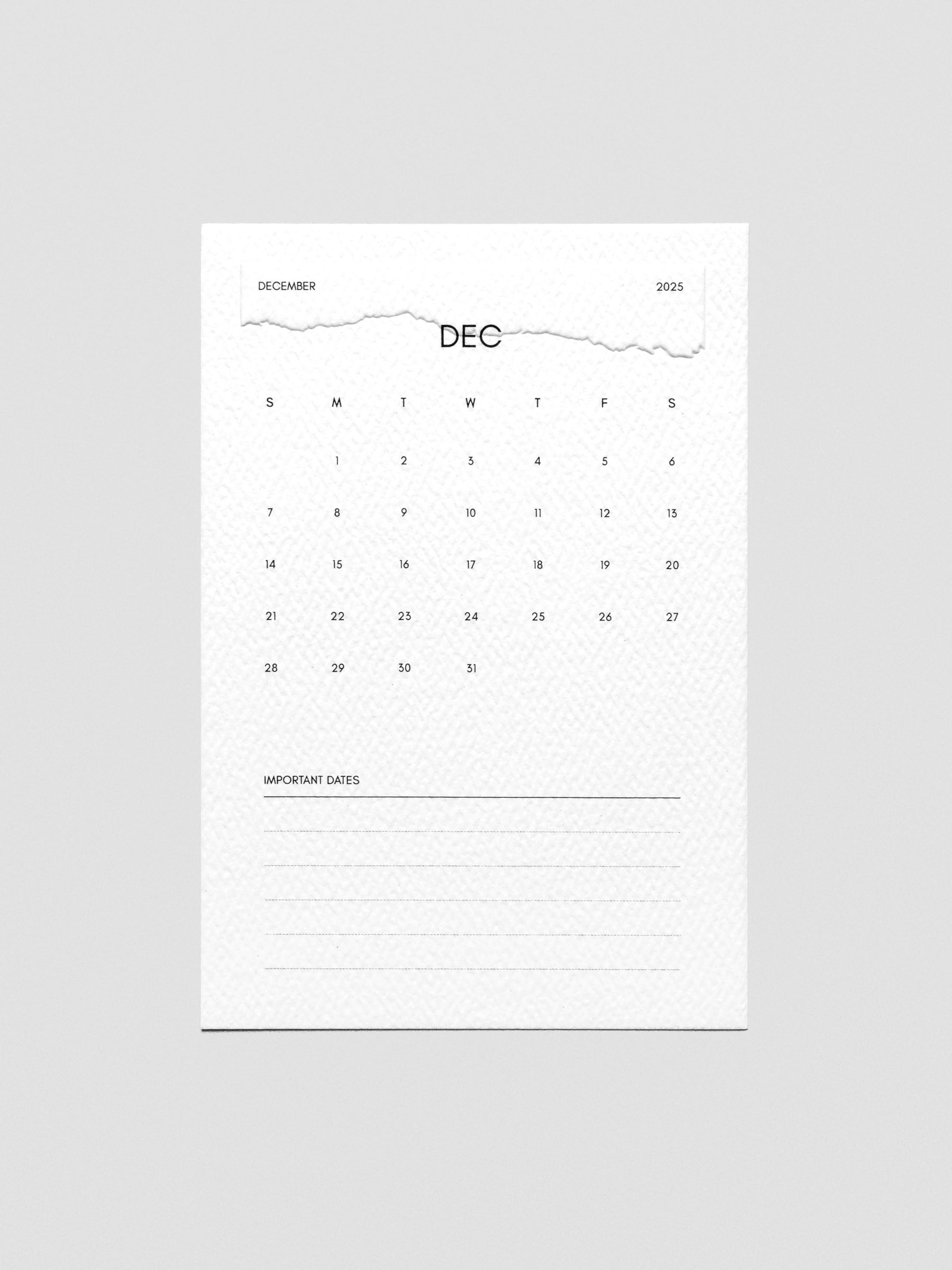 Pocket Calendar | December 2025 | Minimal Planner Accessory