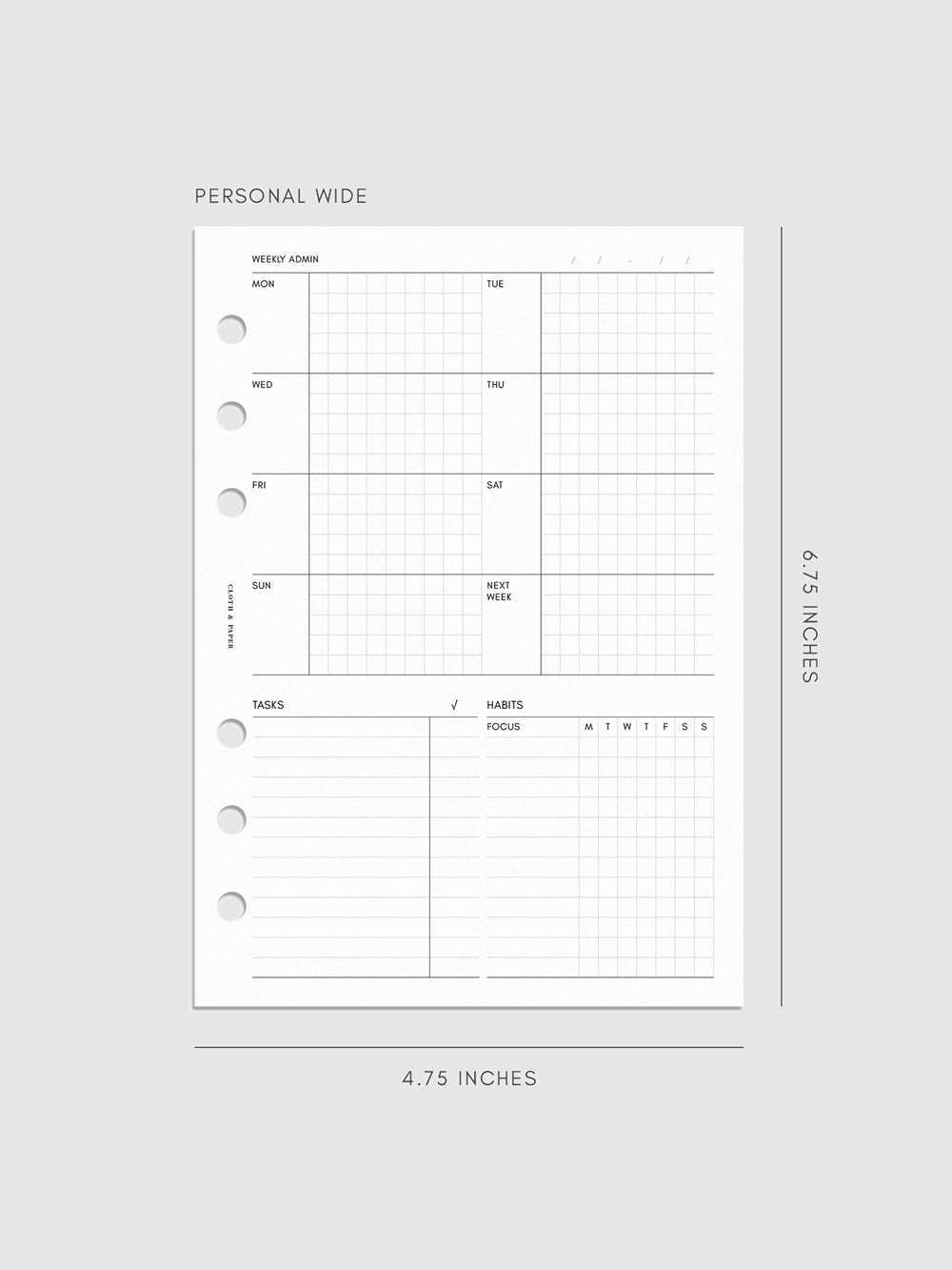 Weekly Admin Planner Inserts | Monday Start | Cloth & Paper