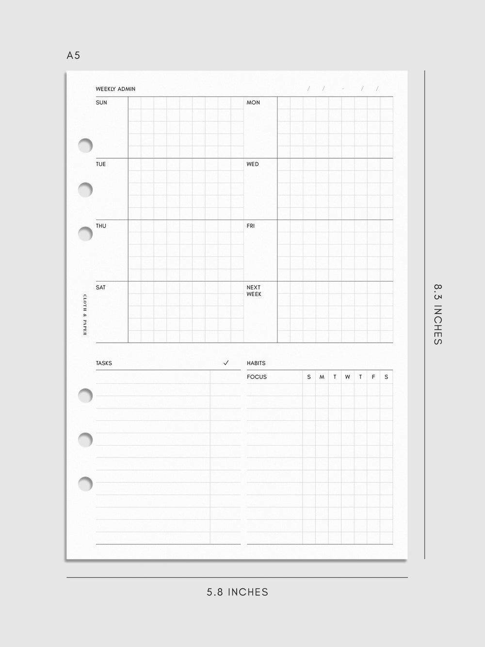Weekly Admin Planner Inserts | Sunday Start | Cloth & Paper