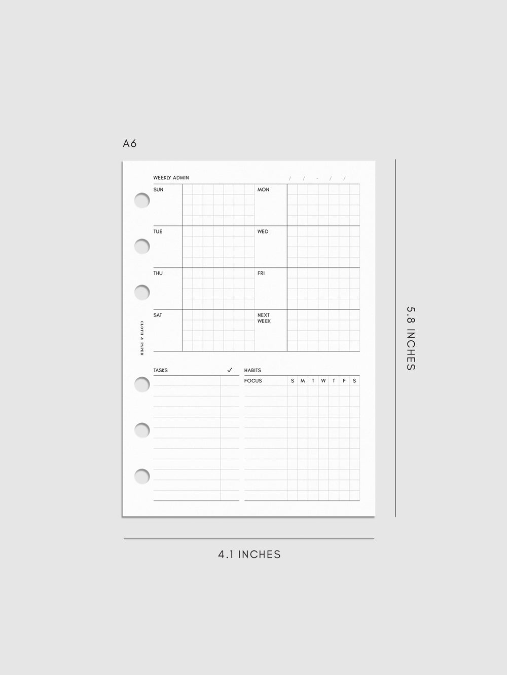 Weekly Admin Planner Inserts | Sunday Start | Cloth & Paper